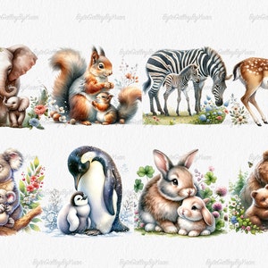 Watercolor Cute Mother and Baby Animals Collection Clipart, 30 PNG Baby ...