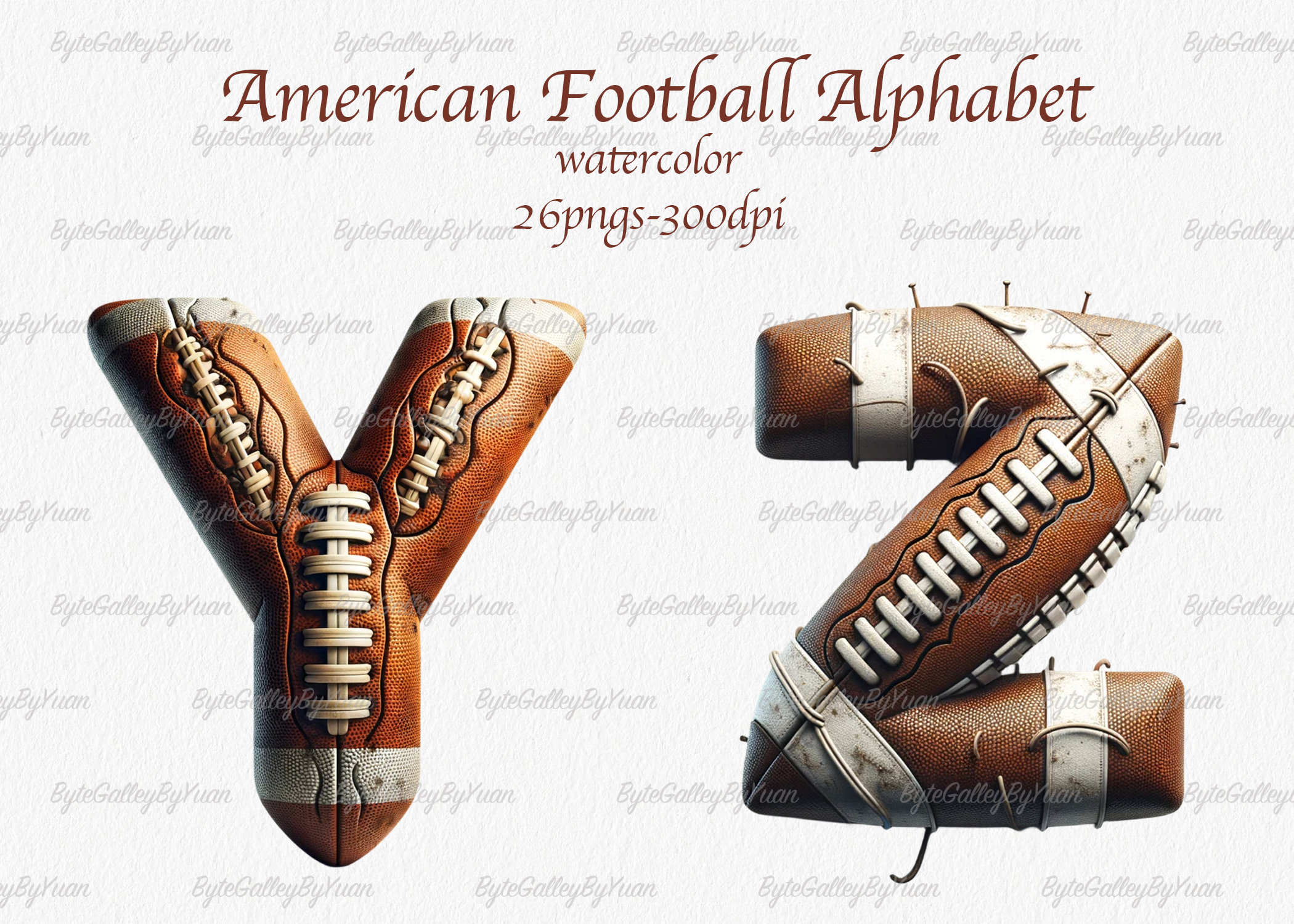 Watercolor American Football Alphabet Png, Football Sublimation Clipart ...