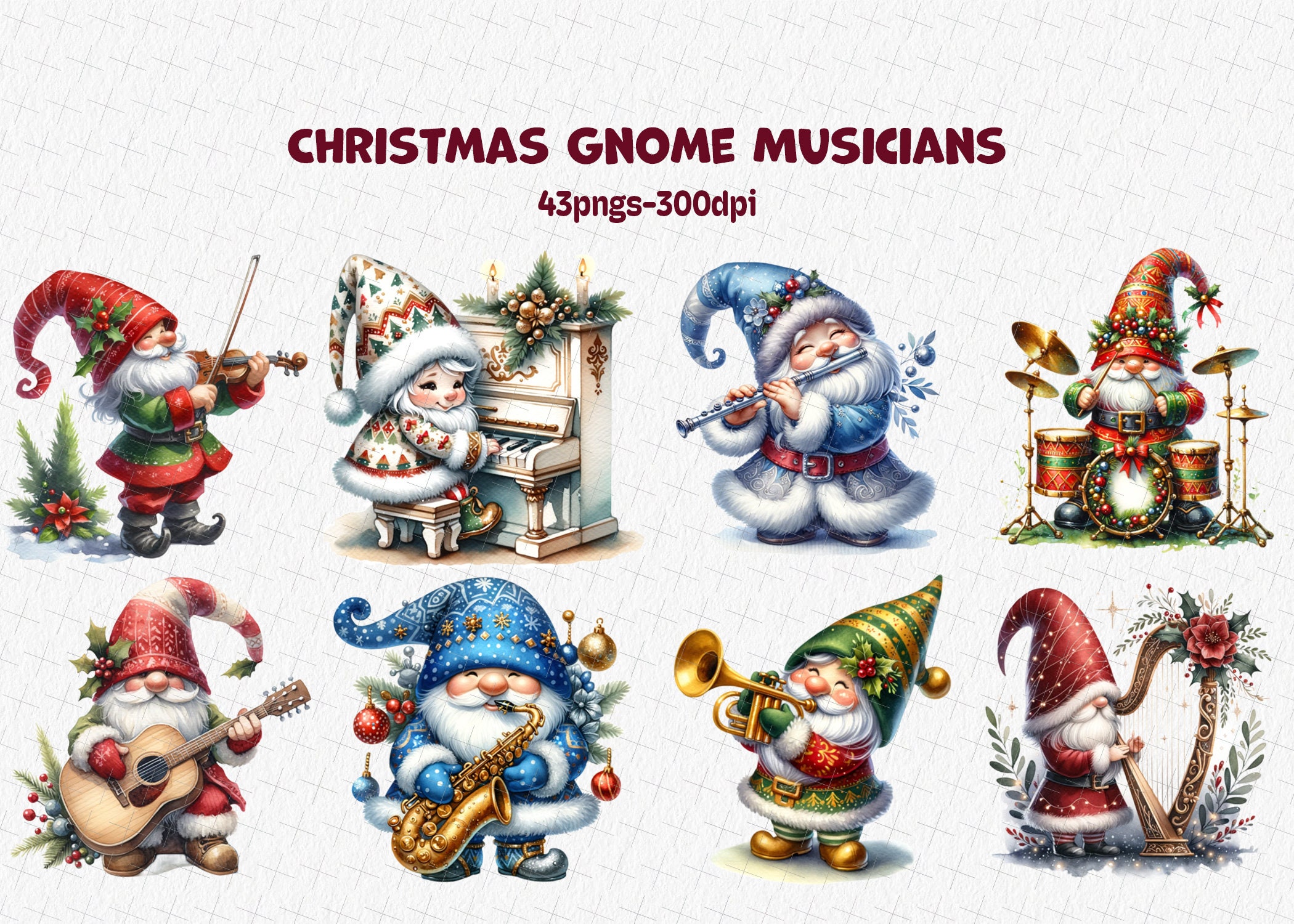 Christmas Gnome Musicians Clipart, Watercolor Musical Gnome Png ...