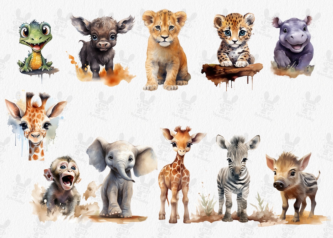 Watercolor Baby Safari Animals PNG Baby Animals Clipart - Etsy