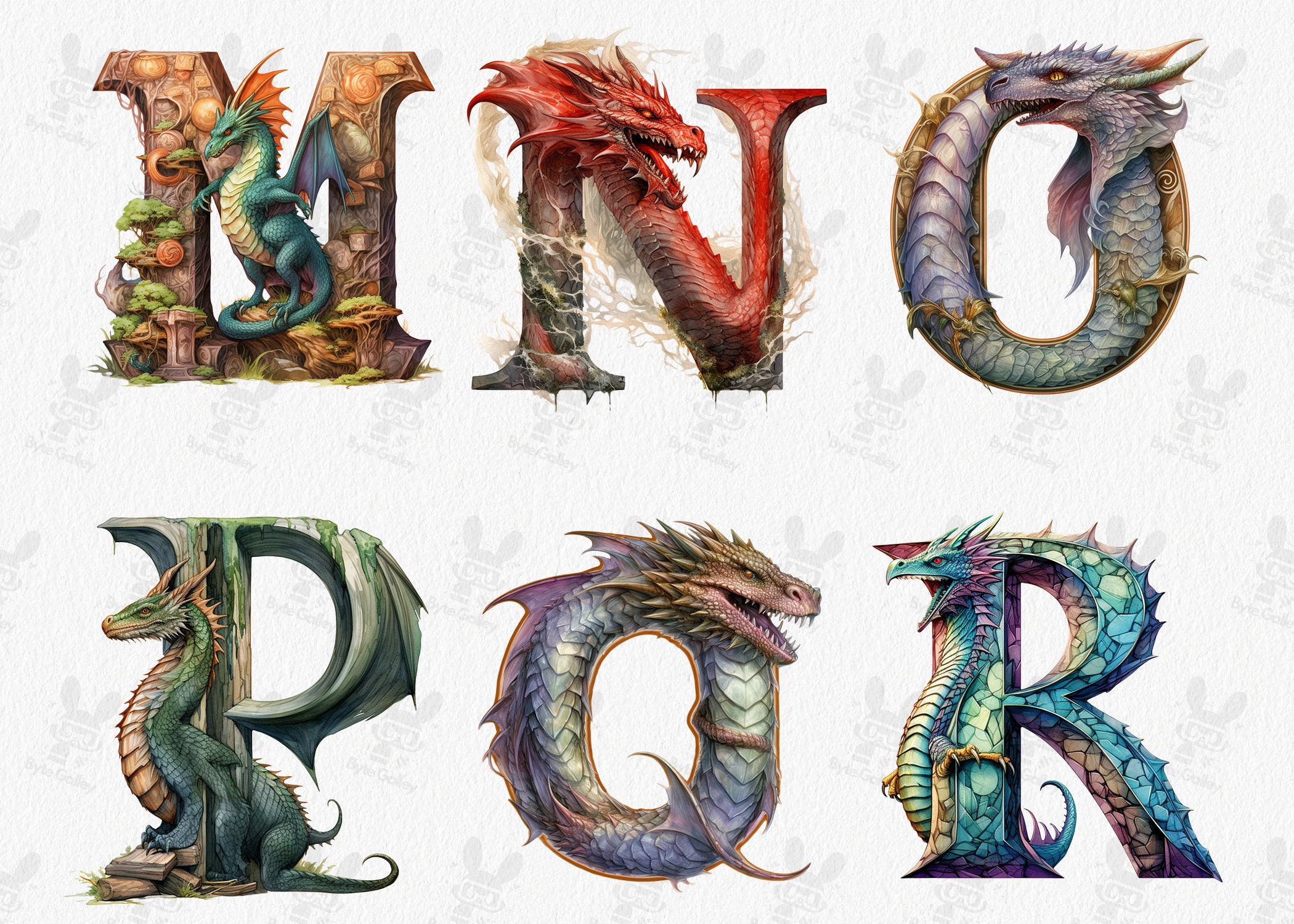 Watercolor Dragon Alphabet Png, Dragon Clipart ,decorative Letters ...
