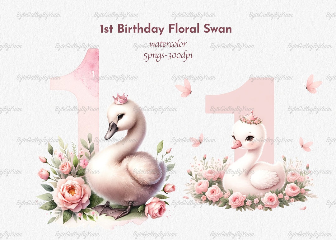 1st Birthday Pink Floral Swan Pngs, Pink Rose Swan Sublimation, Girl ...