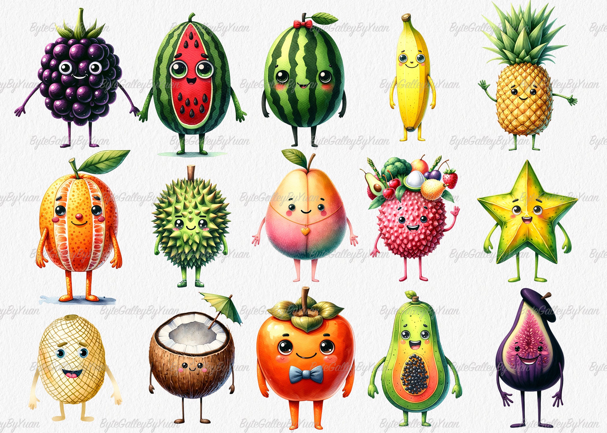 Cute Fruits Clipart, Fruits PNG, Watercolor Tropical Fruits, Kids PNG ...