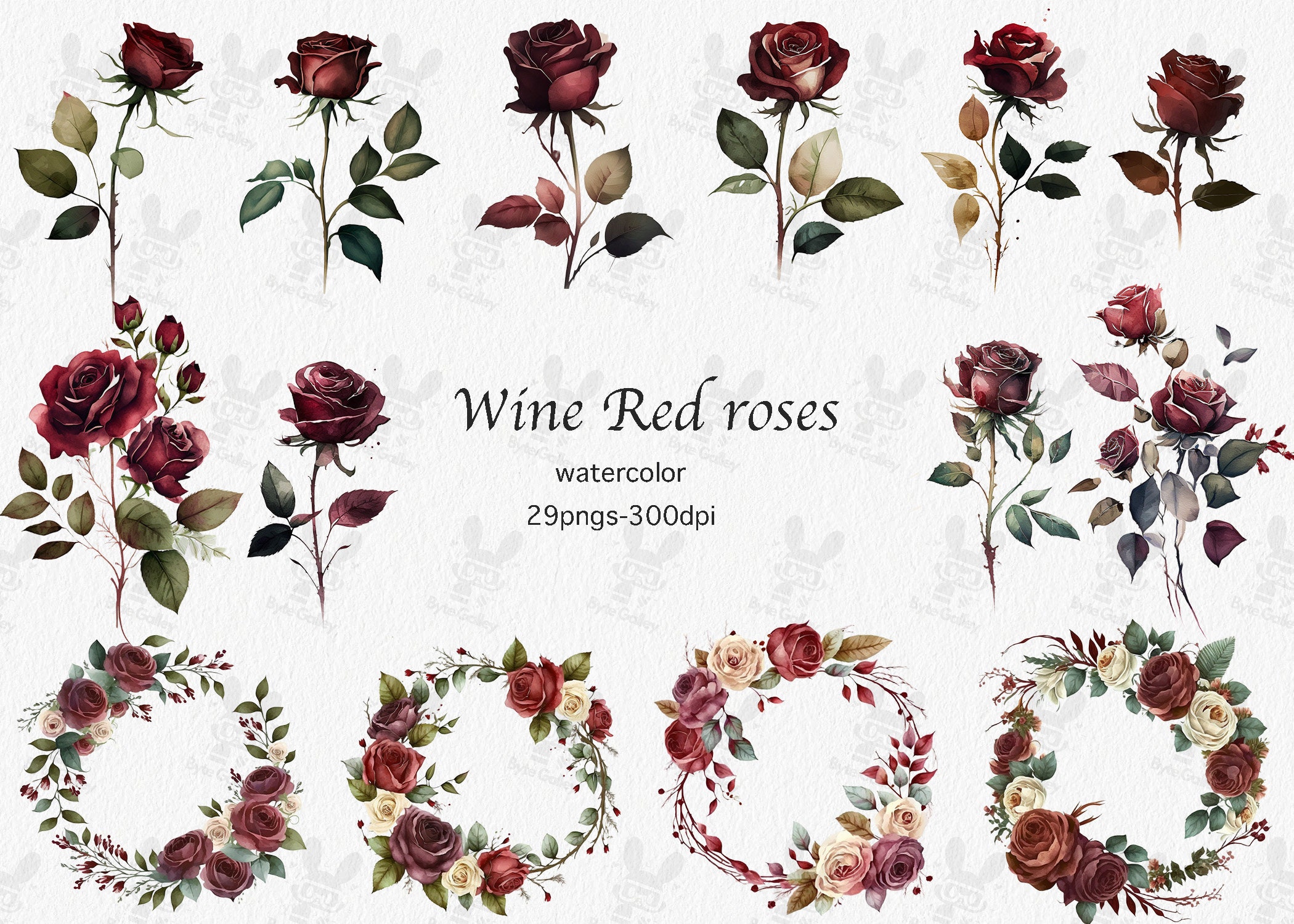 Watercolor Burgundy Roses Clipart Wine Red Roses in PNG Format Instant ...