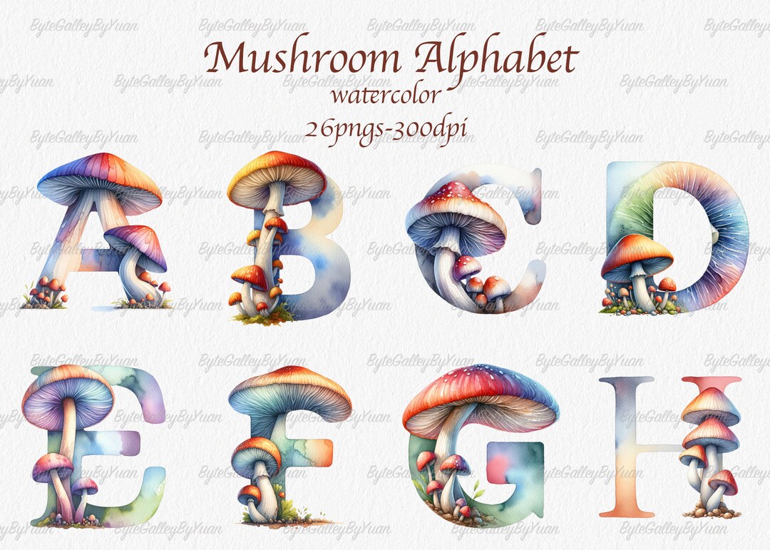 Watercolor Mushroom Alphabet Clipart Bundle (PNG Files) - Etsy