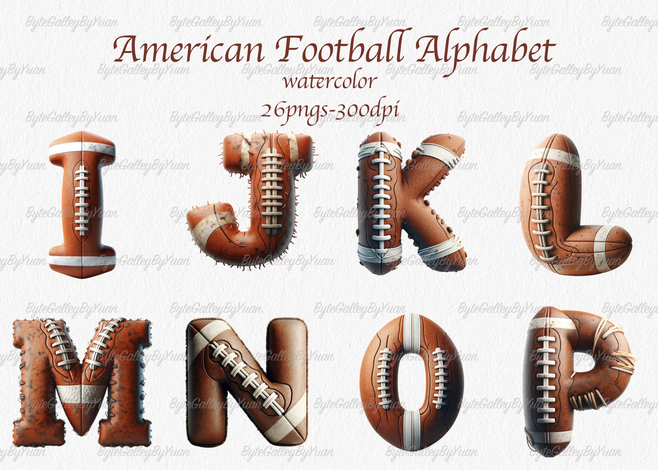 Watercolor American Football Alphabet Png, Football Sublimation Clipart ...