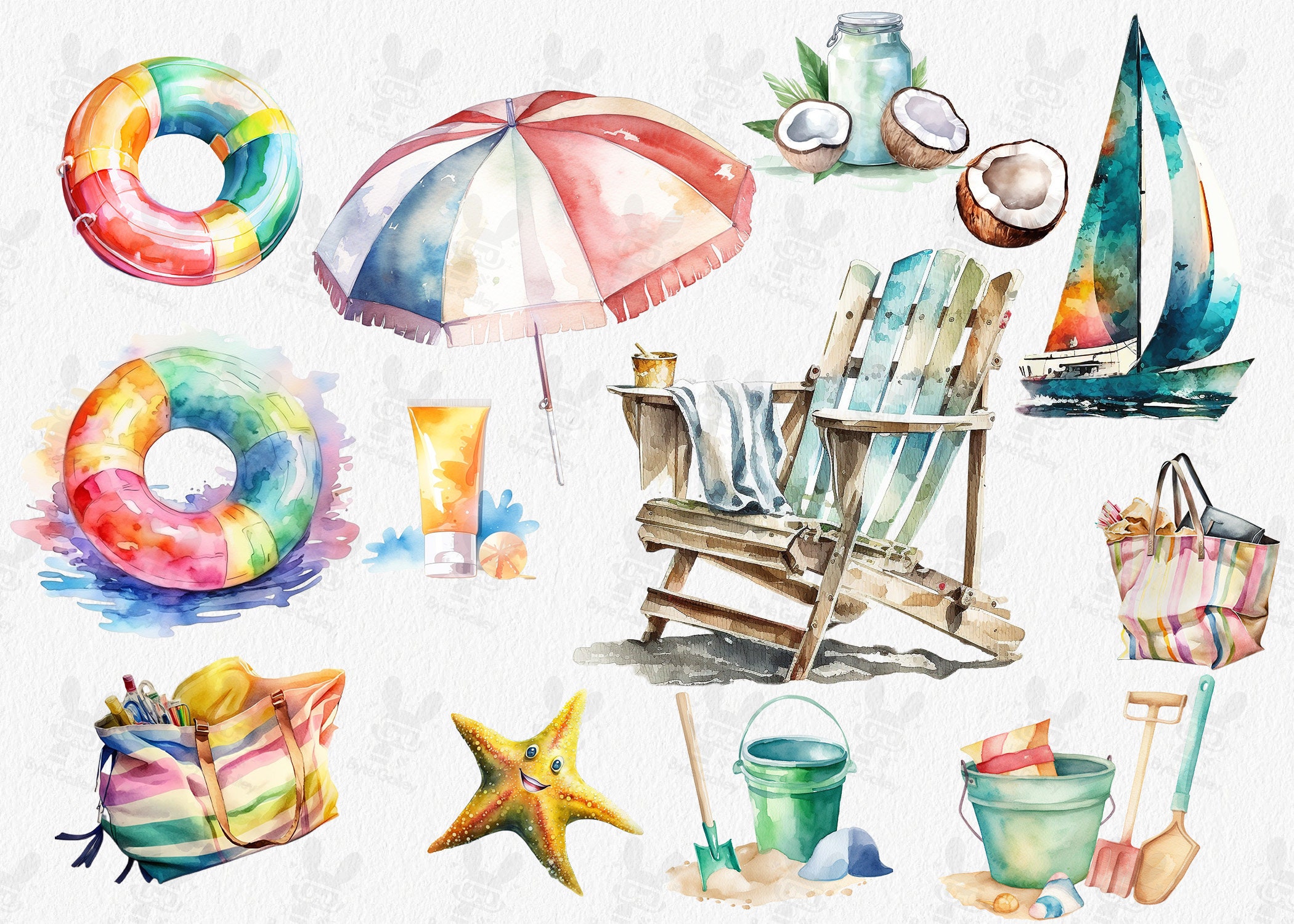 46 High-res Watercolor Summer Beach Clipart PNG Bundle Sun - Etsy