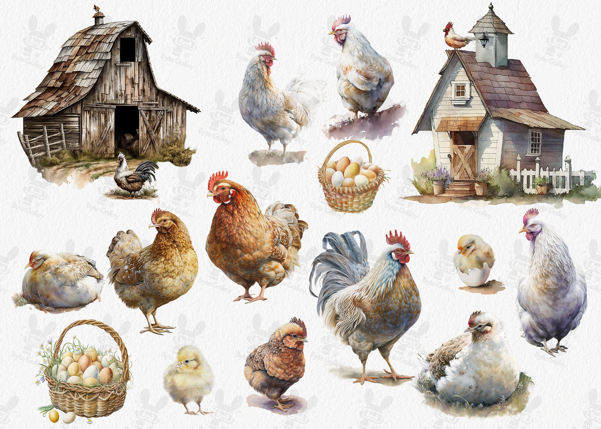 Watercolor Chicken Clipart Cute Chickens and Chicks, Farm Animal PNG ...