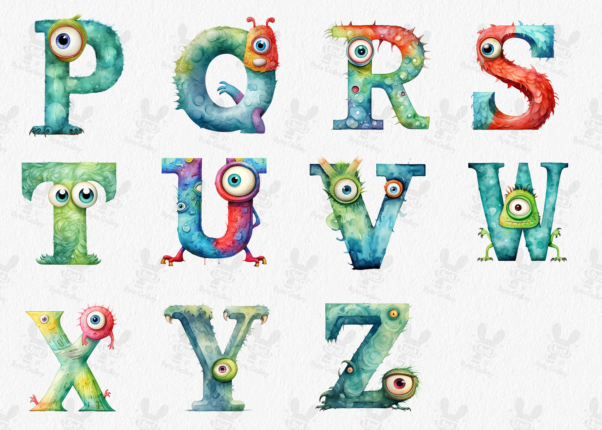 Watercolor Monster Alphabet, Letters Png, Alphabet Png, Alphabet ...