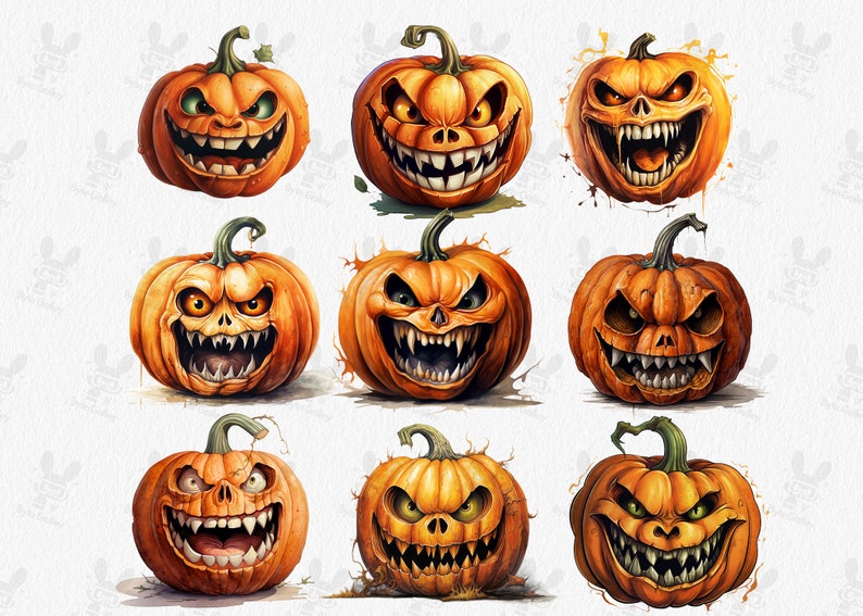 Halloween Watercolor Pumpkin Clipart, Scary Pumpkins, Jackolanterns ...