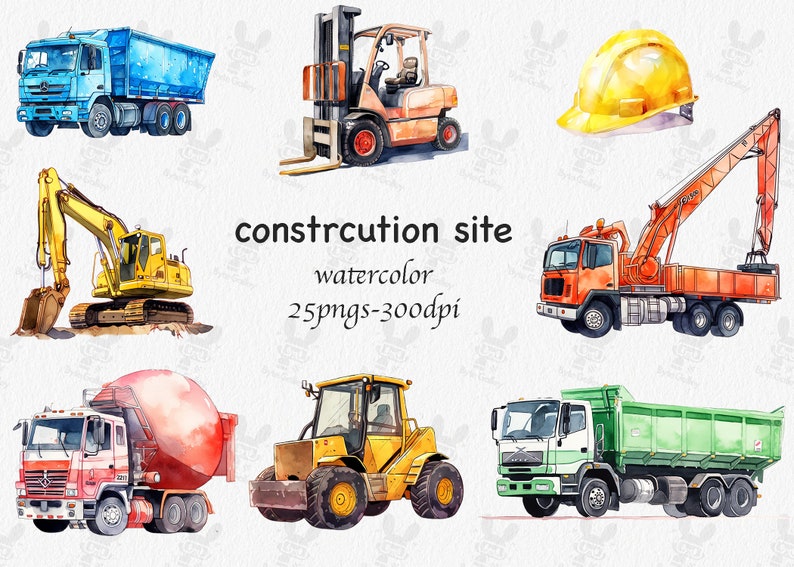 Watercolor Construction Clipart: Trucks & Vehicles (PNG Digital ...