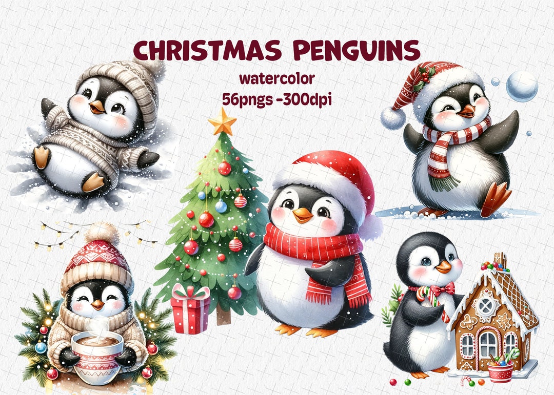 Watercolor Christmas Penguin Clipart, 56 High Quality PNG Files, Winter ...