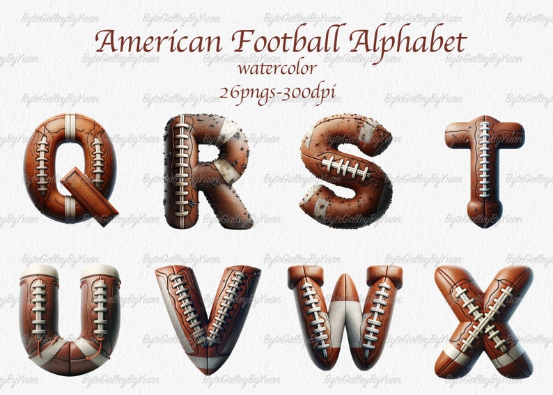 Watercolor American Football Alphabet Png, Football Sublimation Clipart ...