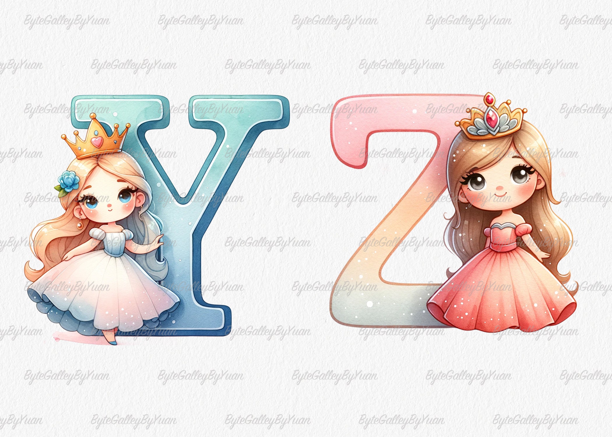Watercolor Princess Alphabet Clipart: Decorative Letters PNG (digital ...
