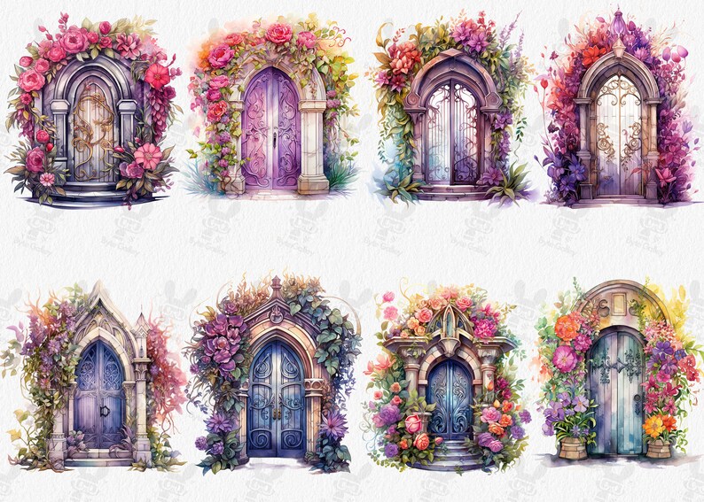 Watercolor Fantasy Doors Clipart - Floral Magic Door| Wizard Door ...