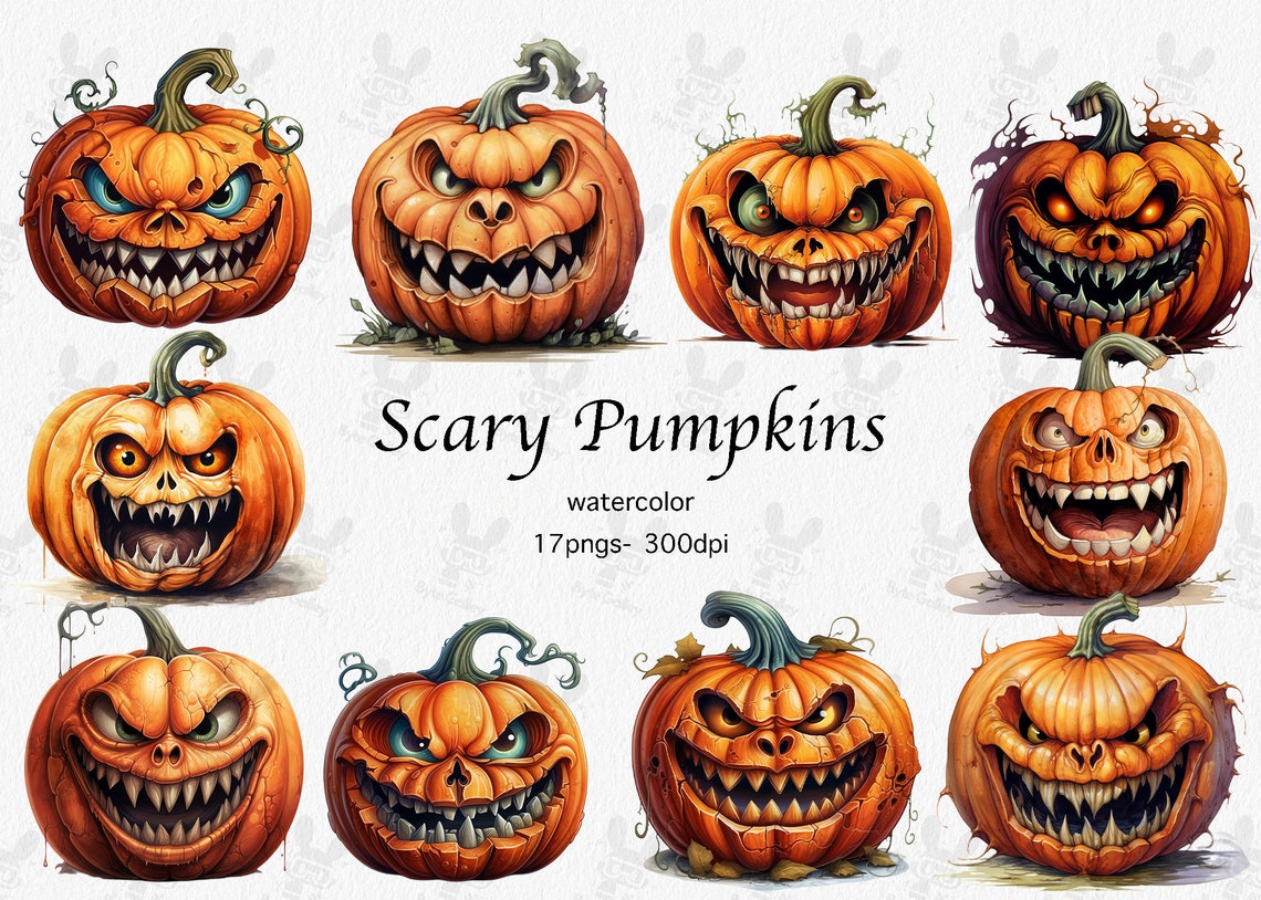 Halloween Watercolor Pumpkin Clipart, Scary Pumpkins, Jackolanterns ...