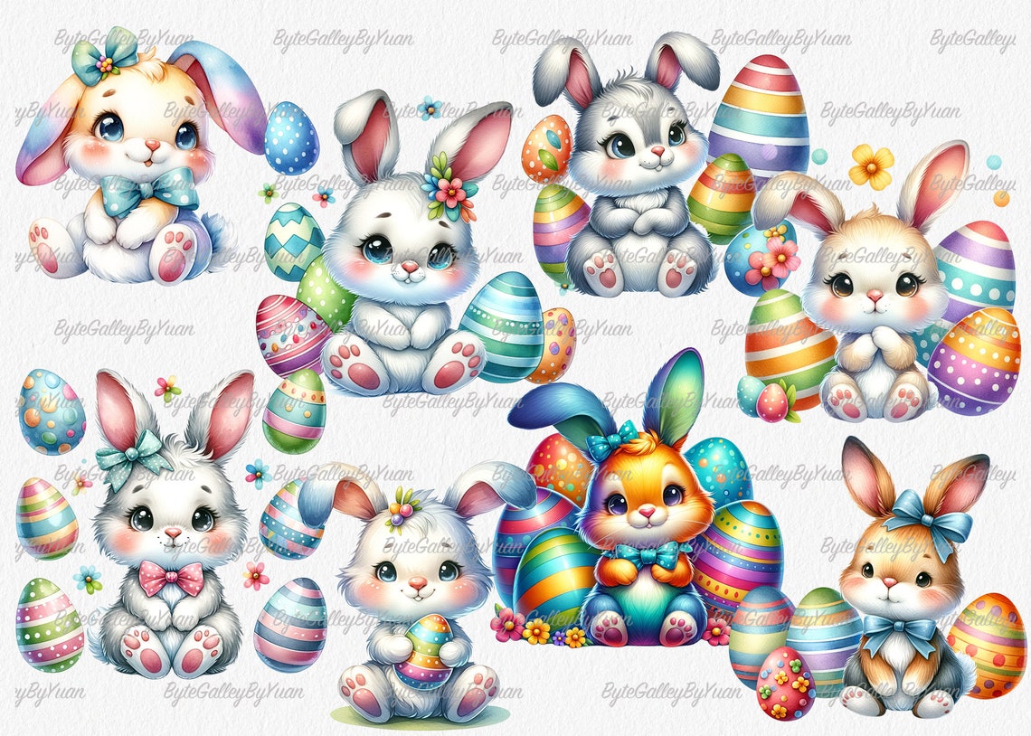 Watercolor Easter Bunnies Collection Clipart, 27 PNG Nursery Spring ...