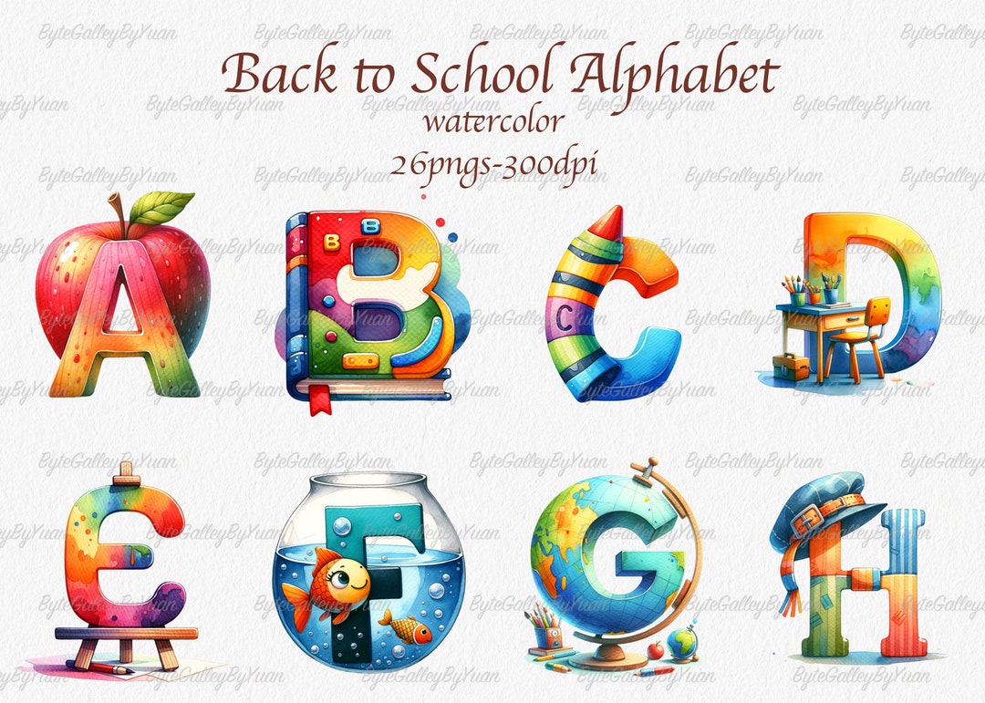 Watercolor Alphabet Clipart: Back to School PNG Bundle (digital ...