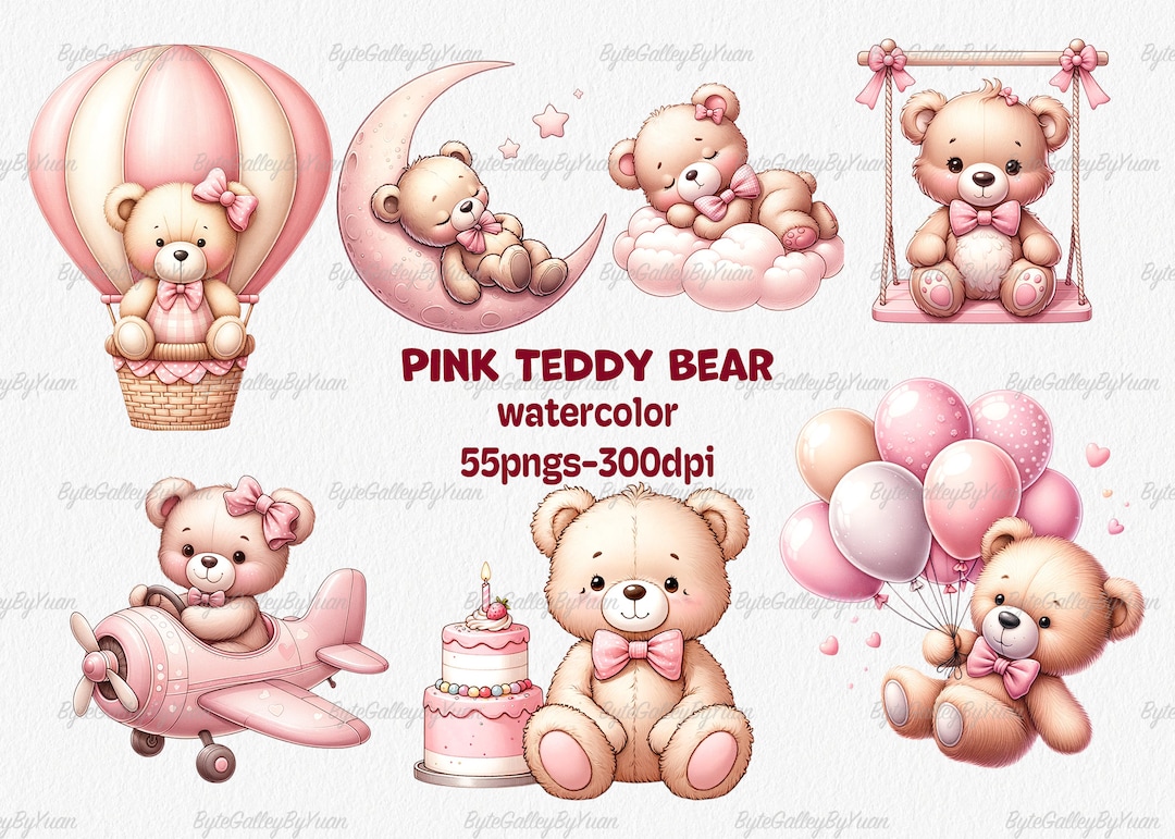Watercolor Teddy Bear Clipart: Baby Shower PNG Bundle (55 Files) - Etsy