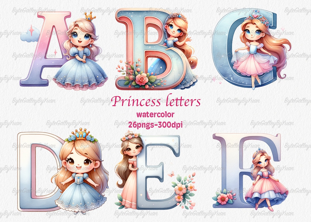 Watercolor Princess Alphabet Clipart: 26 PNG Letters (digital Download ...