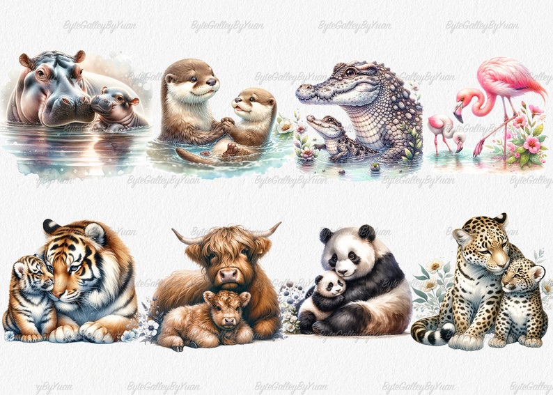 Watercolor Cute Mother and Baby Animals Collection Clipart, 30 PNG Baby ...