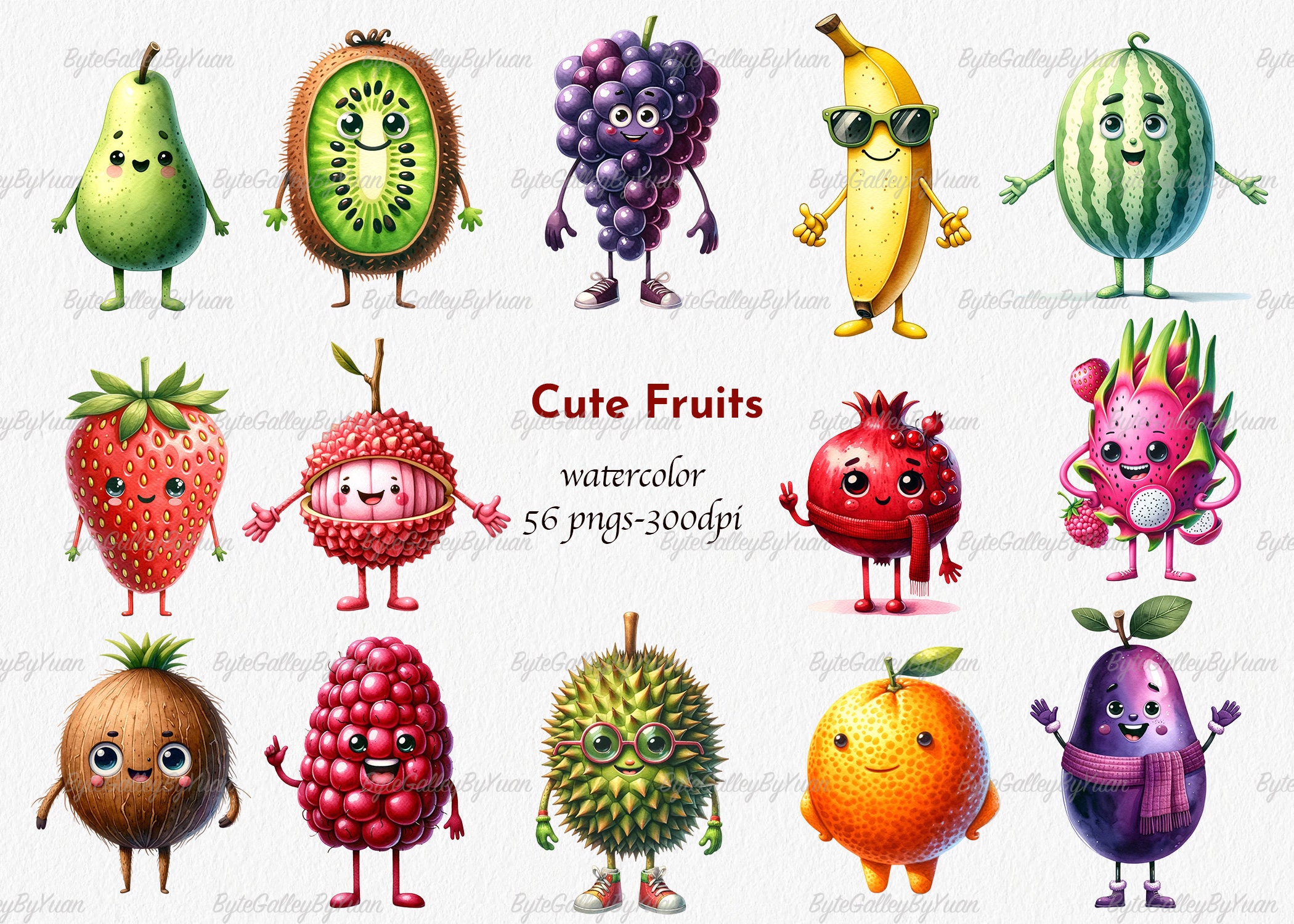 Cute Fruits Clipart, Fruits PNG, Watercolor Tropical Fruits, Kids PNG ...
