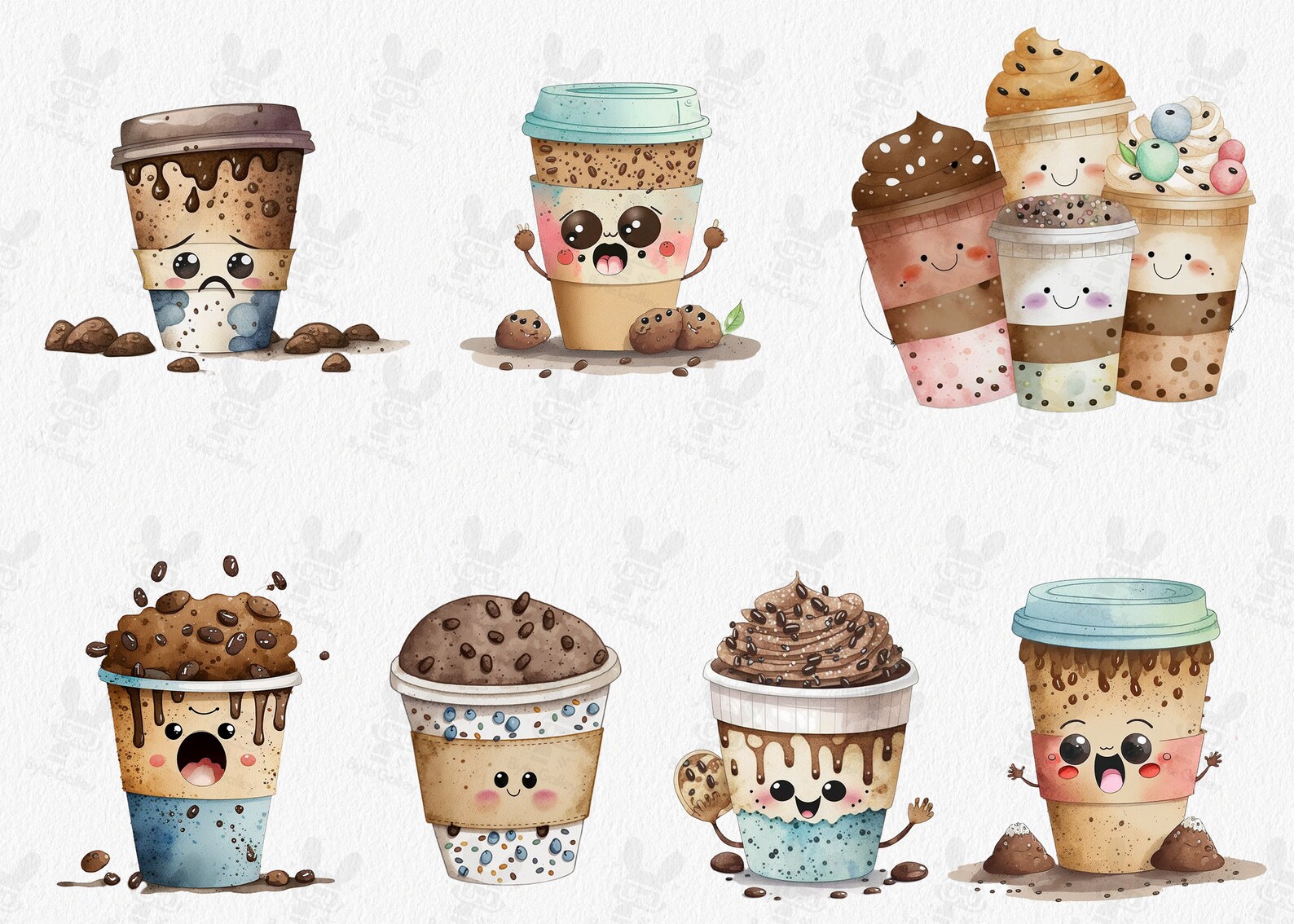 Watercolor Cute Kawaii Coffee Clipart Bundle,commercial Use, Watercolor ...