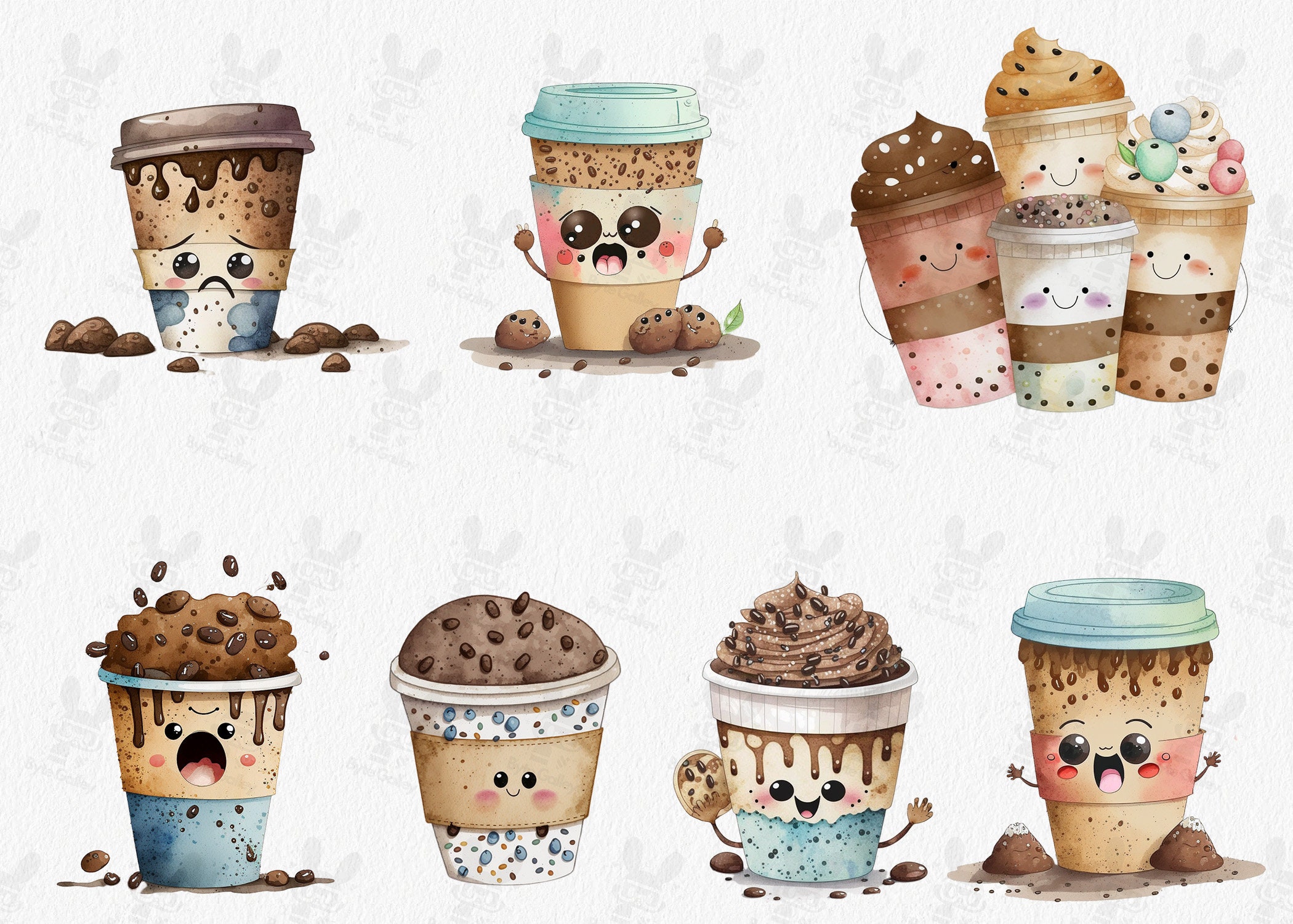Watercolor Cute Kawaii Coffee Clipart Bundle,commercial Use, Watercolor ...