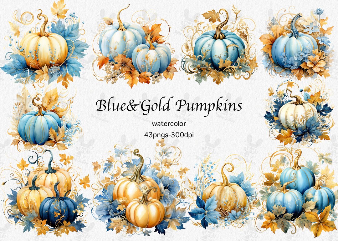 Blue Pumpkin Clipart Bundle, Gold Pumpkin, Floral Pumpkin Graphics ...