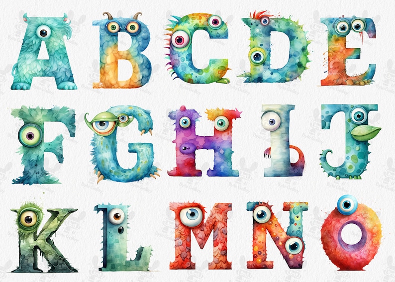 Watercolor Monster Alphabet Clipart: 26 PNG Letters (digital Download ...