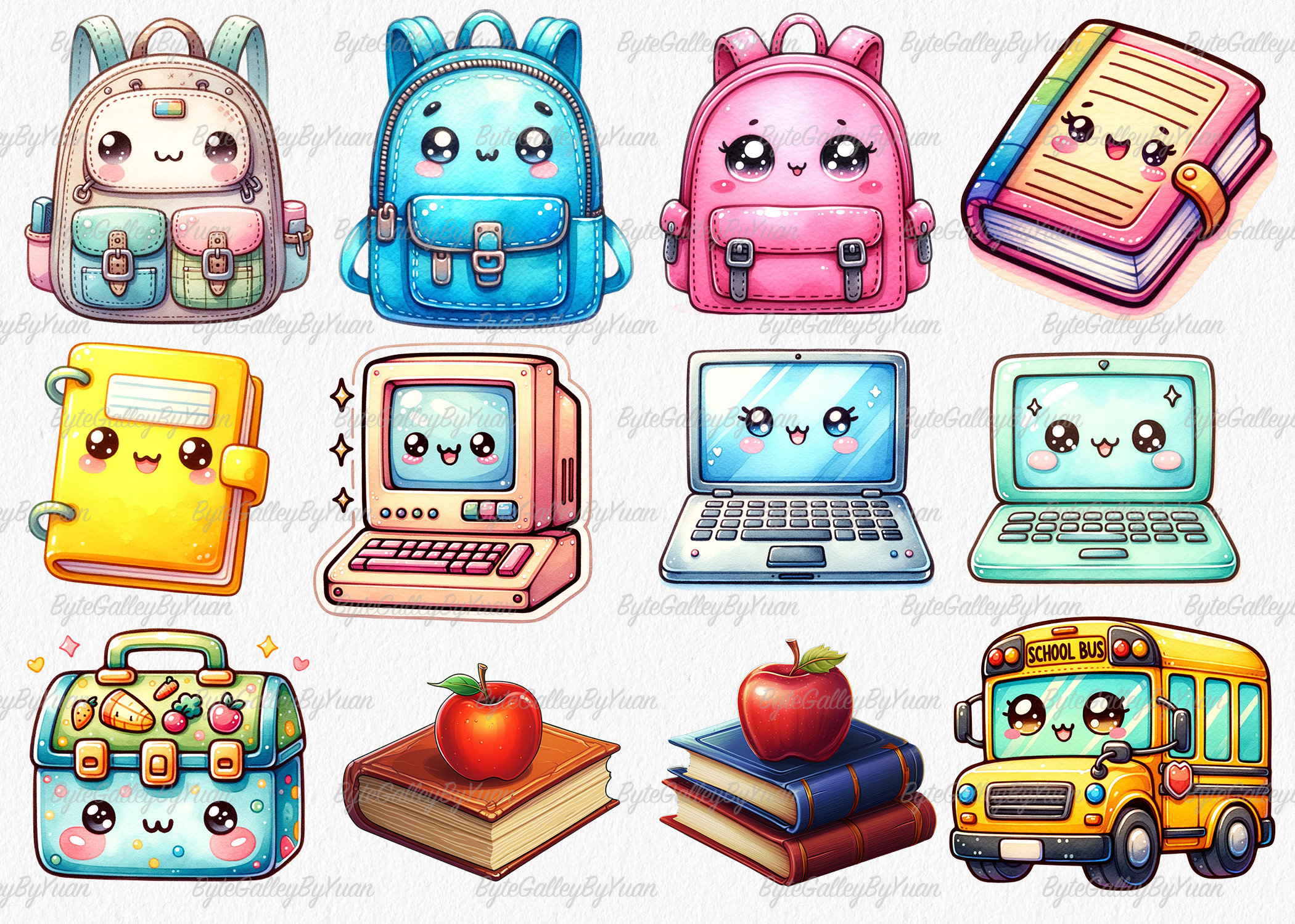 School Kawaii Faces Clipart Set Clipart digital dibujado a mano Días ...