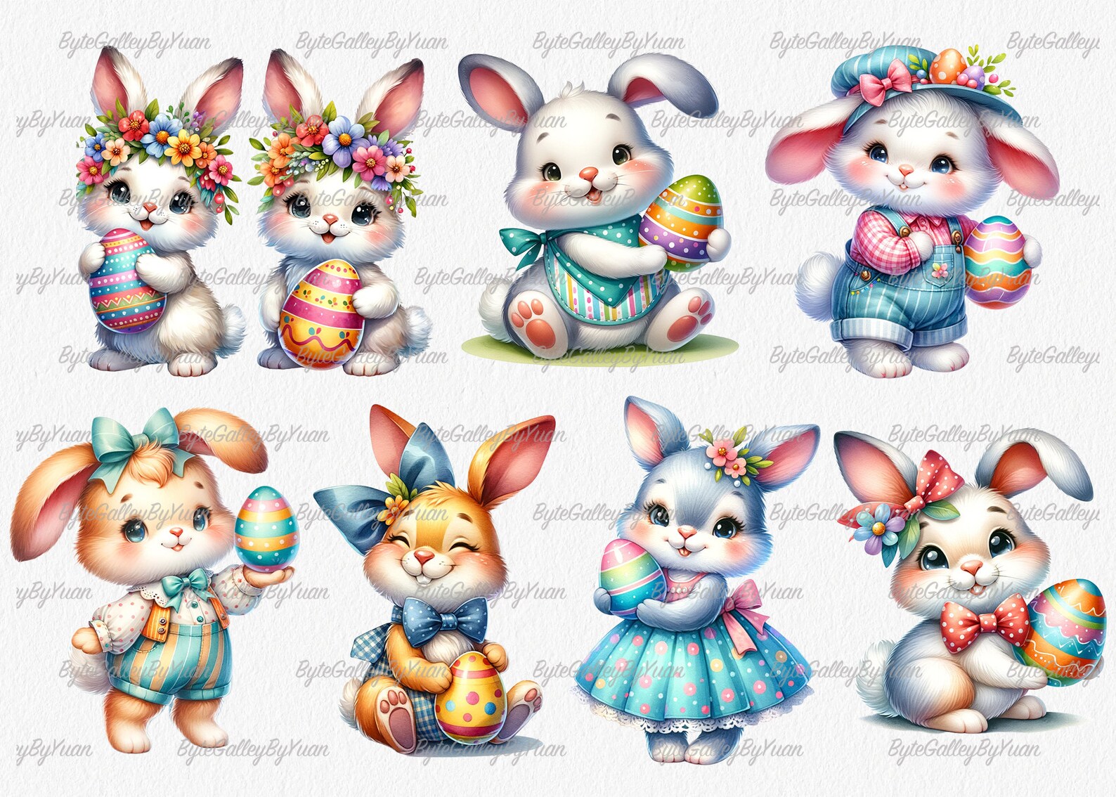 Watercolor Easter Bunnies Collection Clipart, 27 PNG Nursery Spring ...