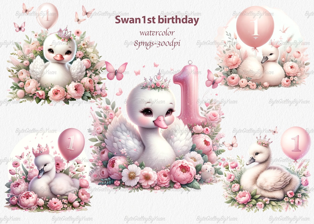 Watercolor Swan 1st Birthday Pngs: Pink Party Decor (digital Download ...