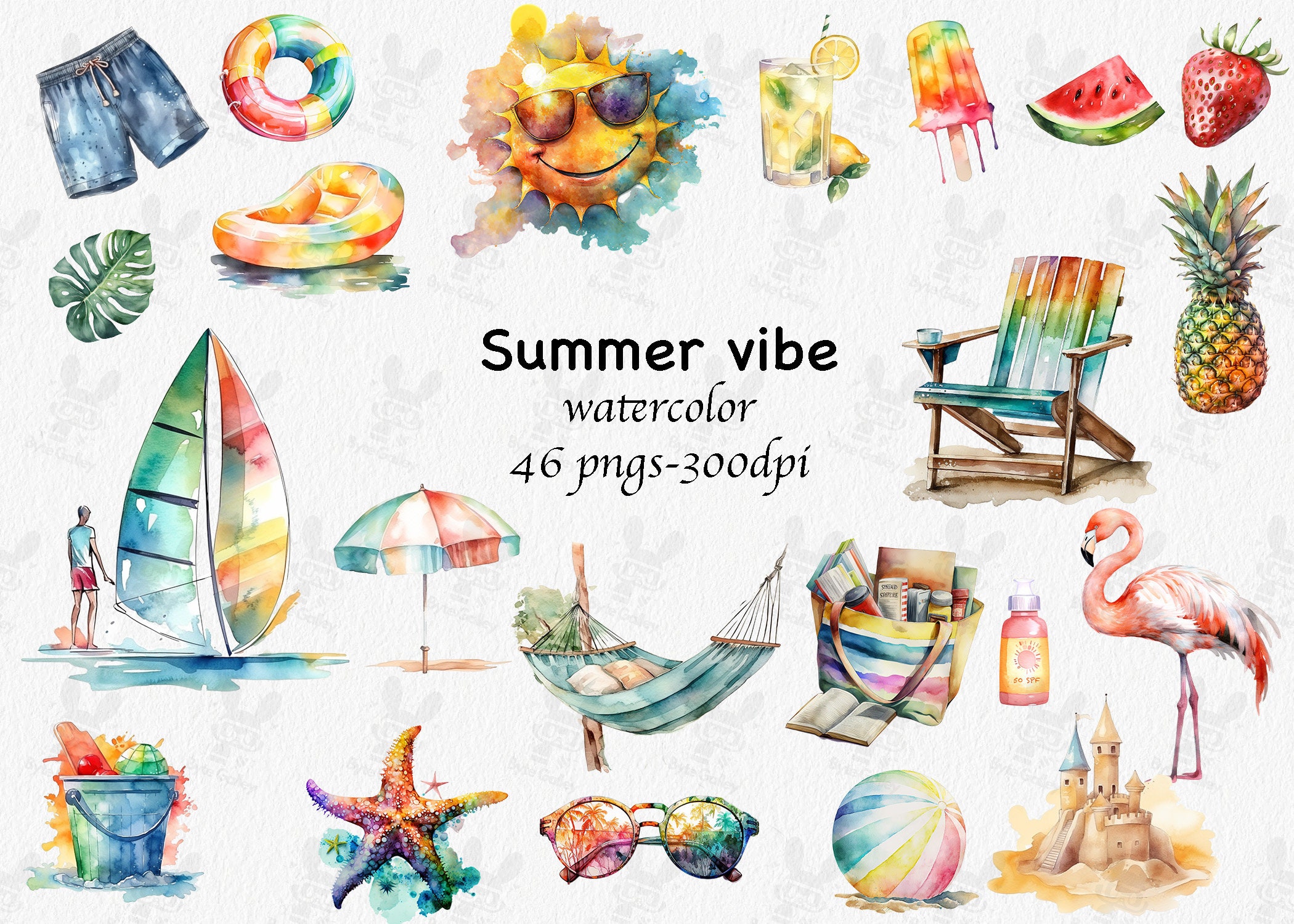 46 High-res Watercolor Summer Beach Clipart PNG Bundle Sun - Etsy