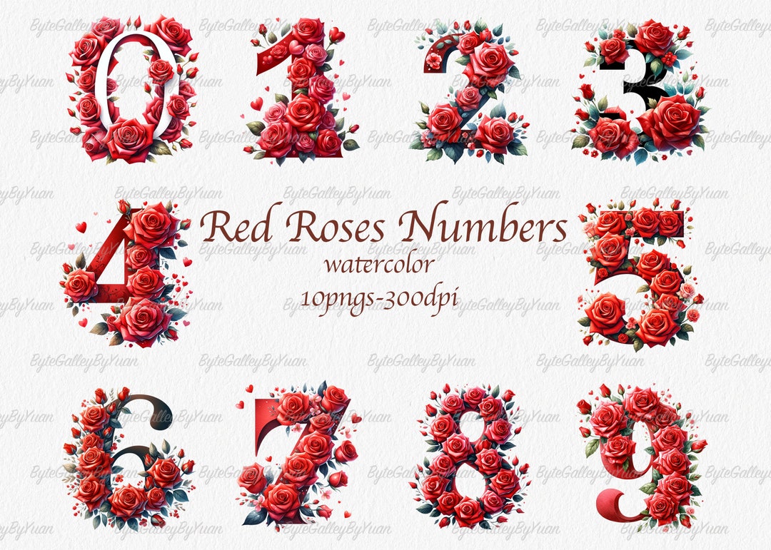 Watercolor Red Roses Numbers Clipart: PNG Vector Graphics (digital ...