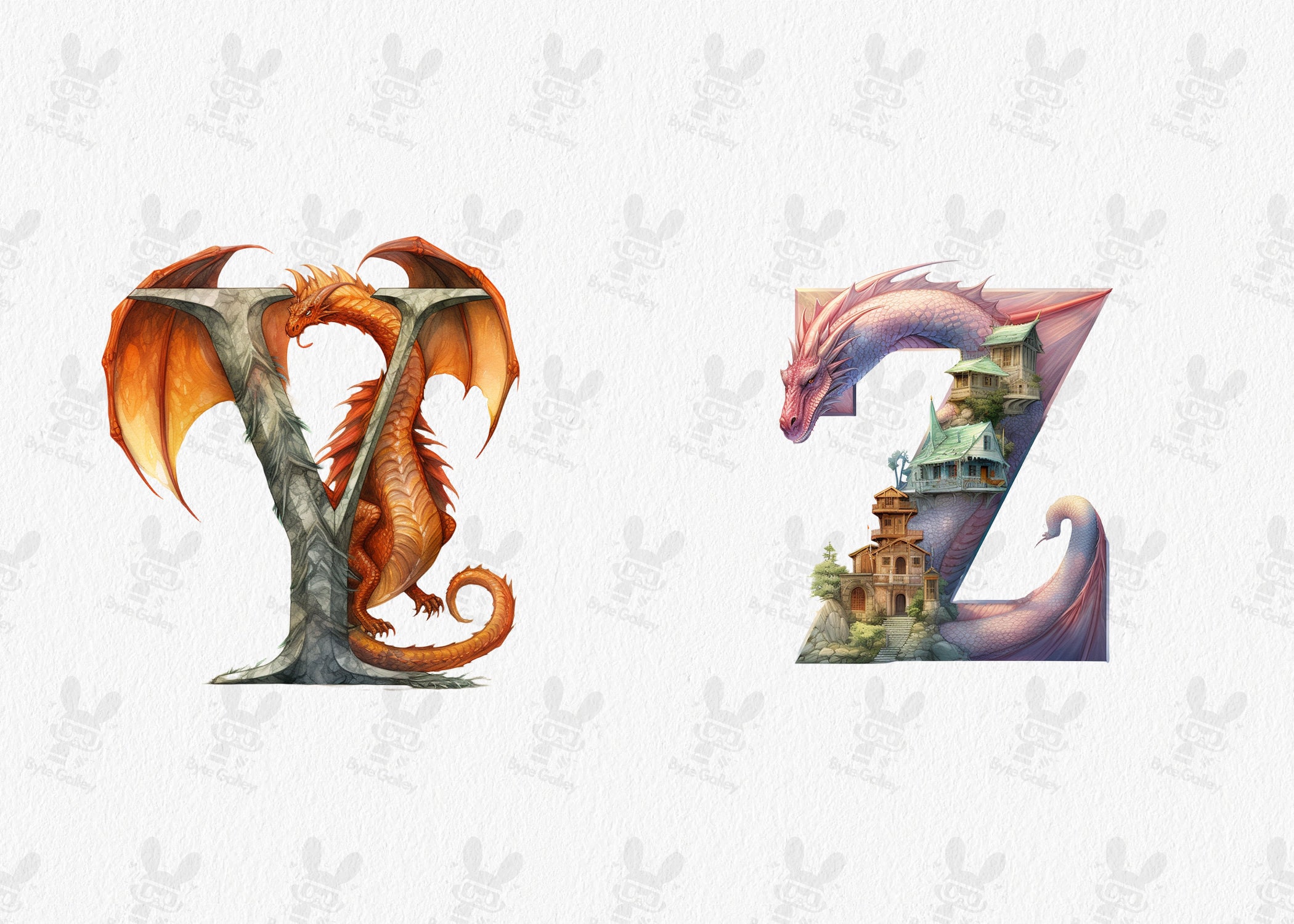Watercolor Dragon Alphabet Png, Dragon Clipart ,decorative Letters ...
