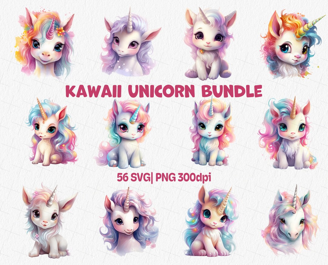 Watercolor Cute Kawaii Unicorn Clipart Bundle,commercial Use ...