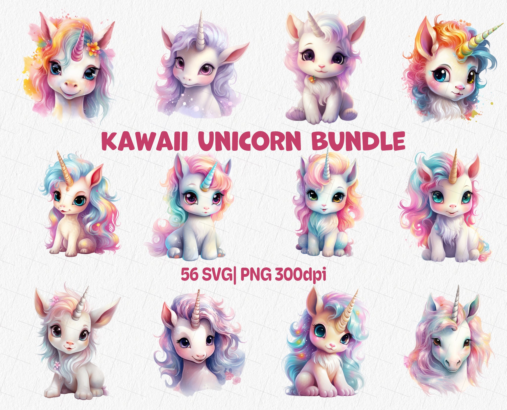 Watercolor Cute Kawaii Unicorn Clipart Bundle,commercial Use ...
