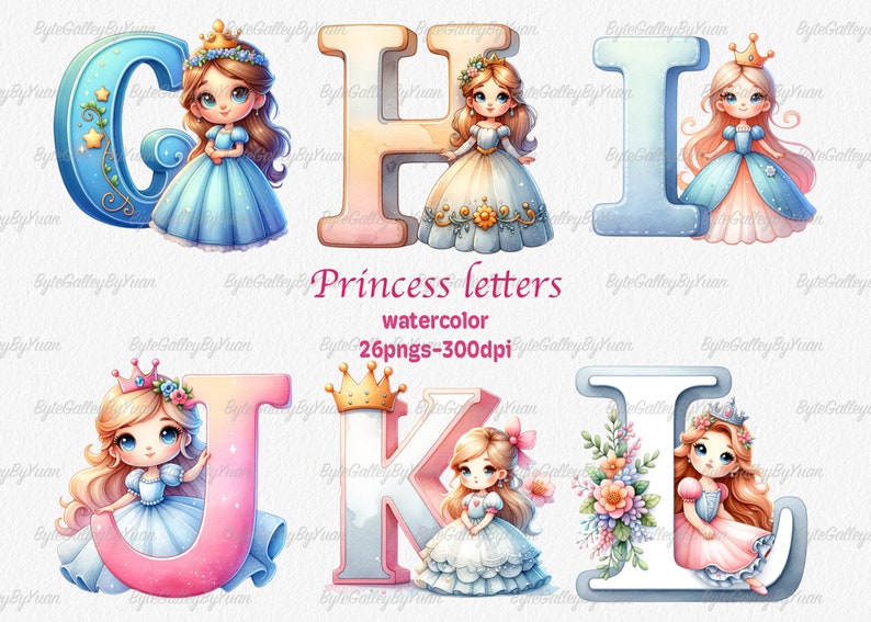 Watercolor Princess Alphabet, Letters Png, Alphabet Png, Cartoon ...