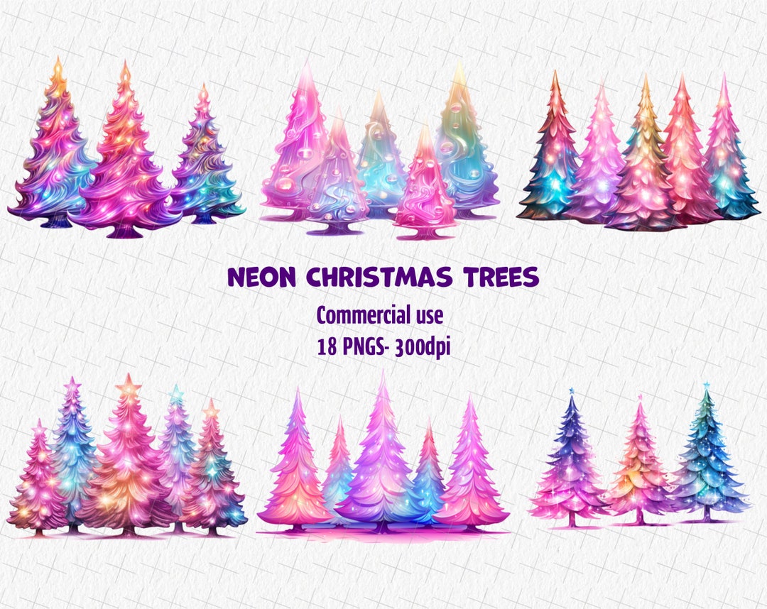 Neon Christmas Trees PNG Clipart: Watercolor Holiday Designs (digital ...