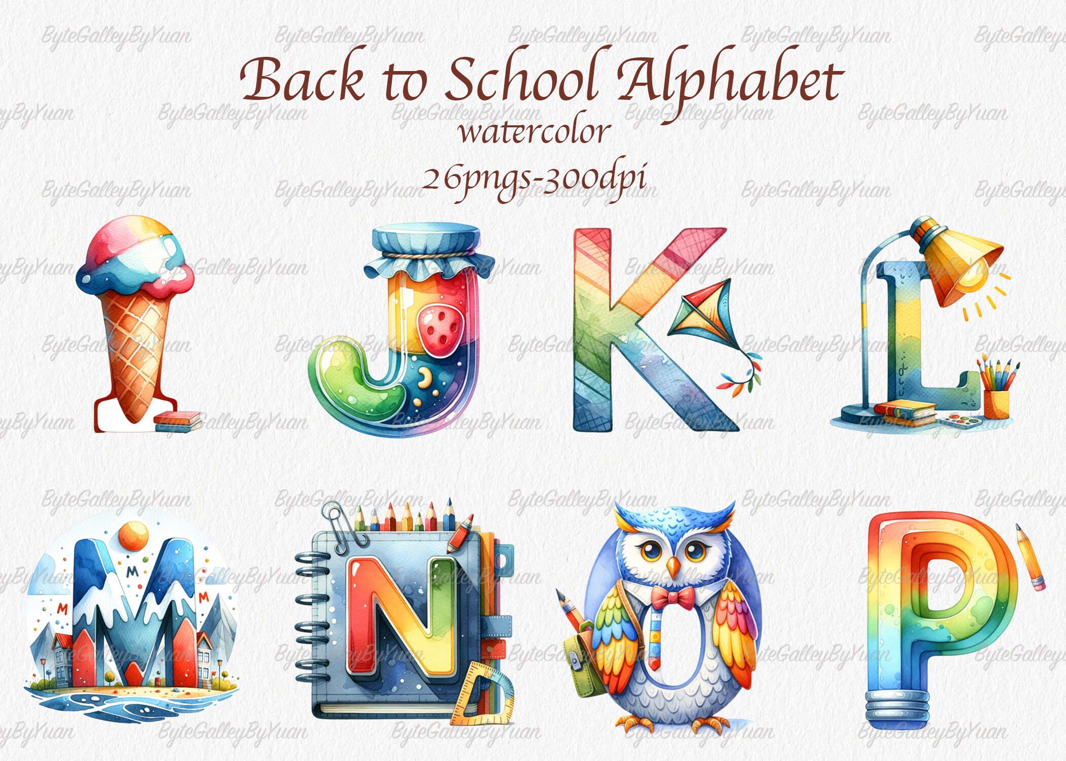 Watercolor Alphabet Clipart: Back to School PNG Bundle (digital ...