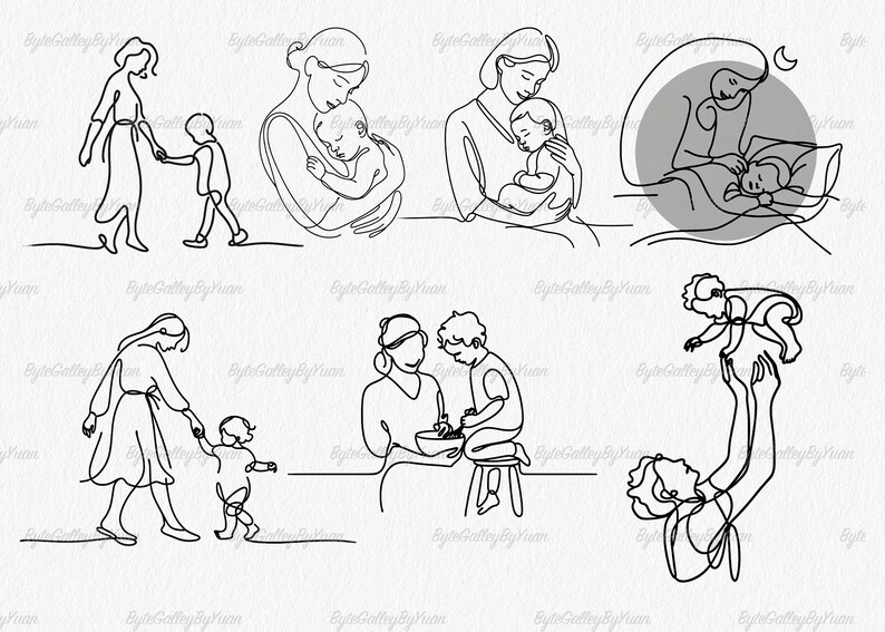 Mother Love Line Art Vector Svg, Mother and Kid Outline, Happy Mother's ...