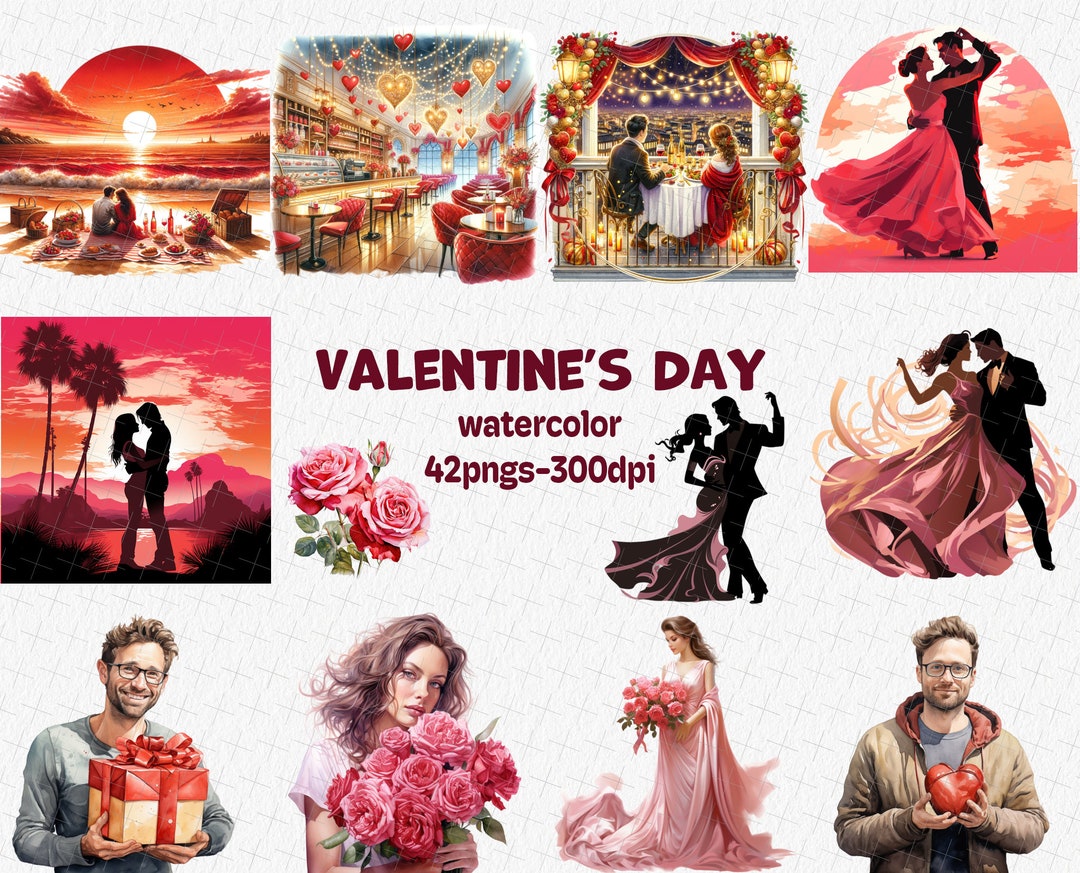 Watercolor Valentine Clipart: Romantic Couple Illustrations (42 PNG ...