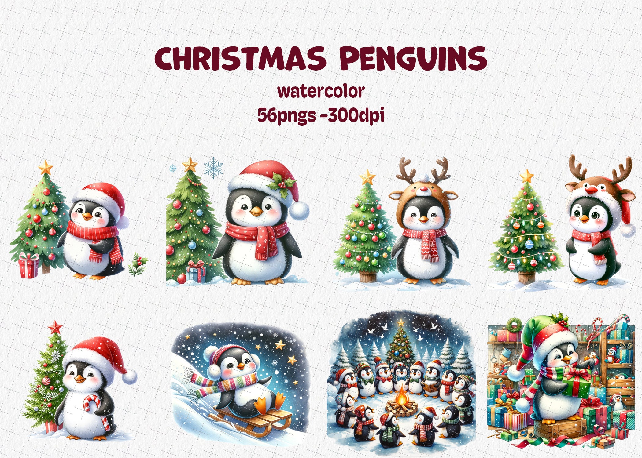 Watercolor Christmas Penguin Clipart, 56 High Quality PNG Files, Winter ...