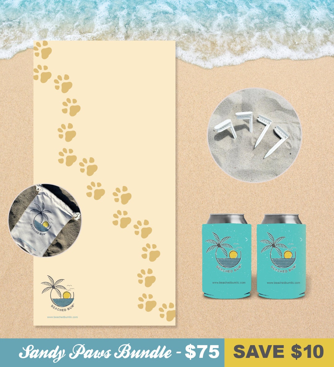 Sandy Paws Bundle | Beach Bag 2 Drink Koozies 4 Towel Stake Anchor ...
