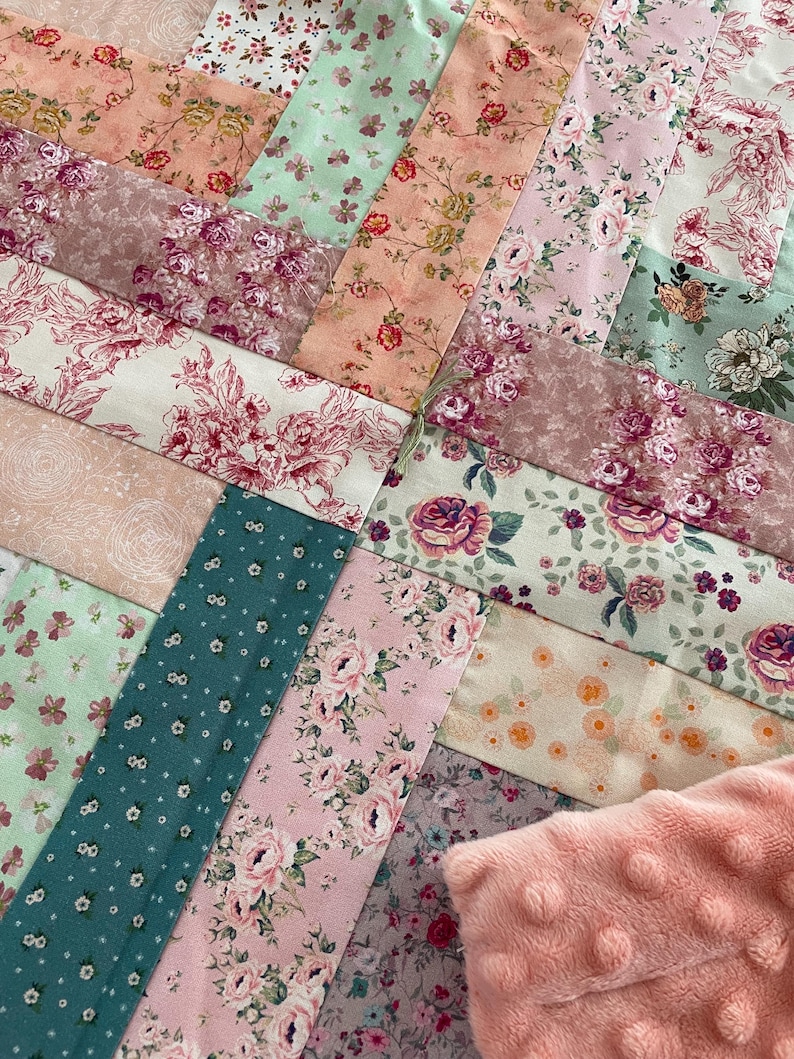 Apricot and Sage Log Cabin Quilt, Backed in Apricot Bumpy Minky and ...