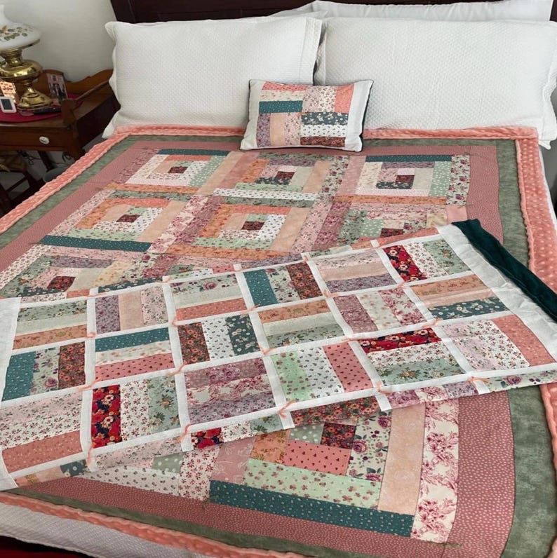 Apricot and Sage Log Cabin Quilt, Backed in Apricot Bumpy Minky and ...