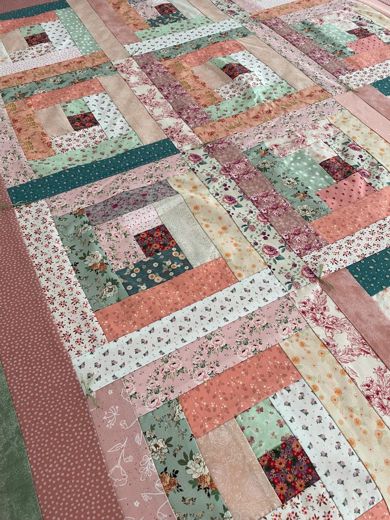 Apricot and Sage Log Cabin Quilt, Backed in Apricot Bumpy Minky and ...
