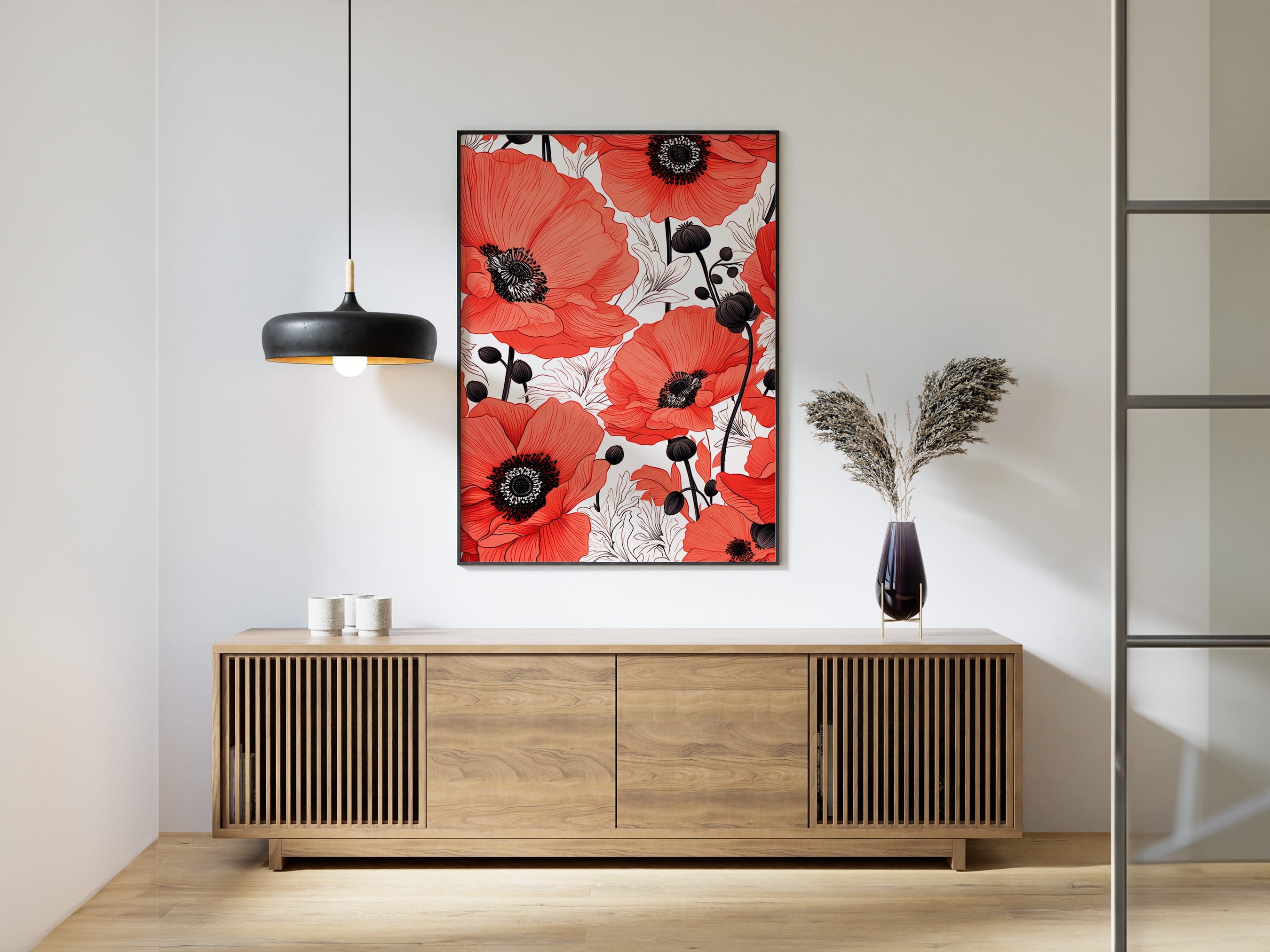 Wallpaper With Red Poppy Flowers, Floral Wall Art, Bright Botanical ...