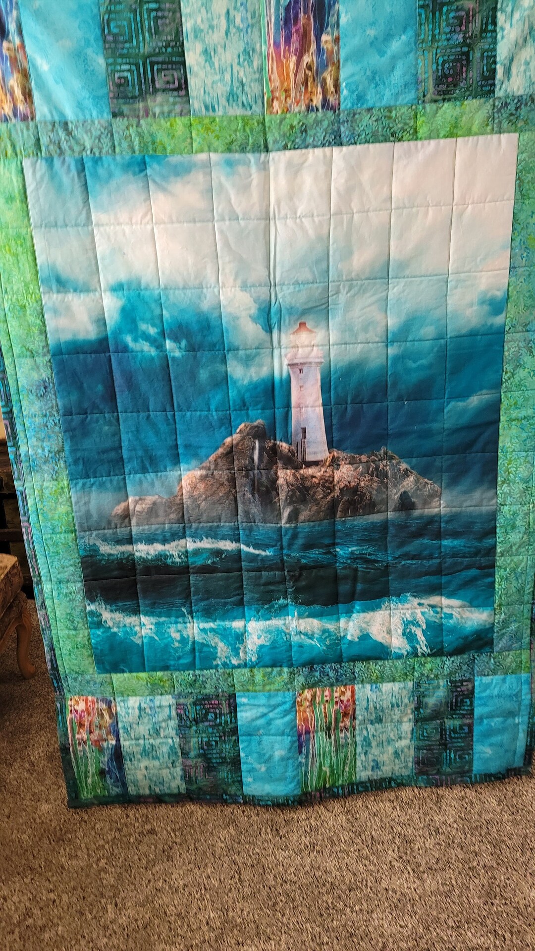 Handmade Quilt of Stormy Lighthouse Scene in Aqua, Blues, Greens, Teal ...